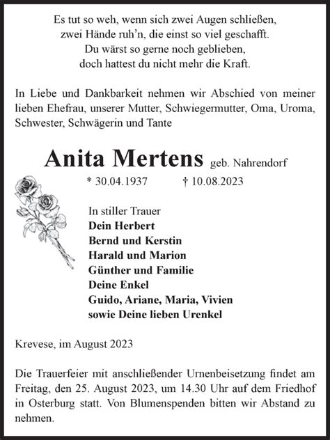 Traueranzeigen Von Anita Mertens Abschied Nehmen De