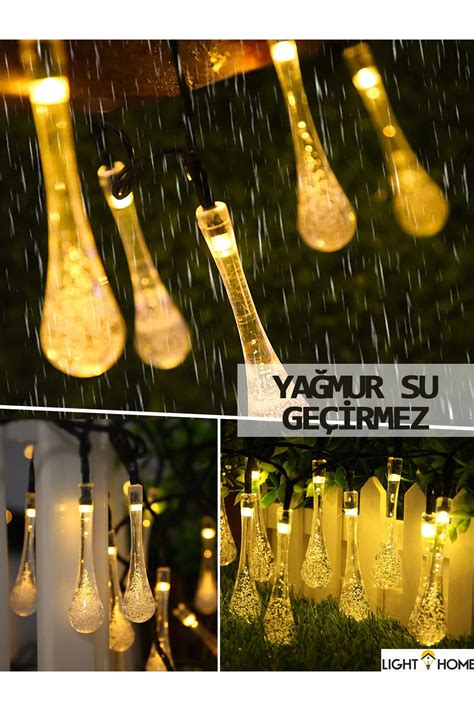 LightHome 50 Led 7 Metre Sarı Su Damlası Gün Işığı Kristal Solar Led