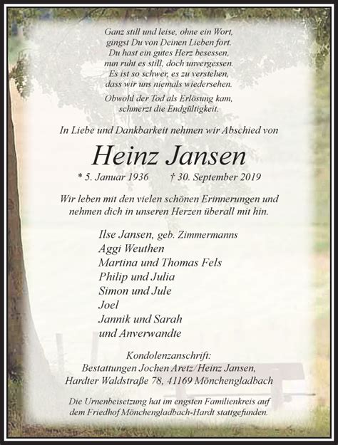 Traueranzeigen Von Heinz Jansen Trauer Und Gedenken