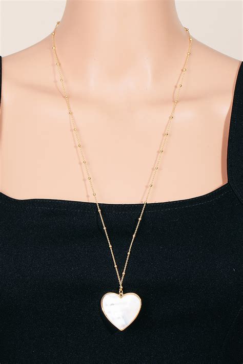 Mother Of Pearl Heart Pendant Long Chain Necklace Heart Collection