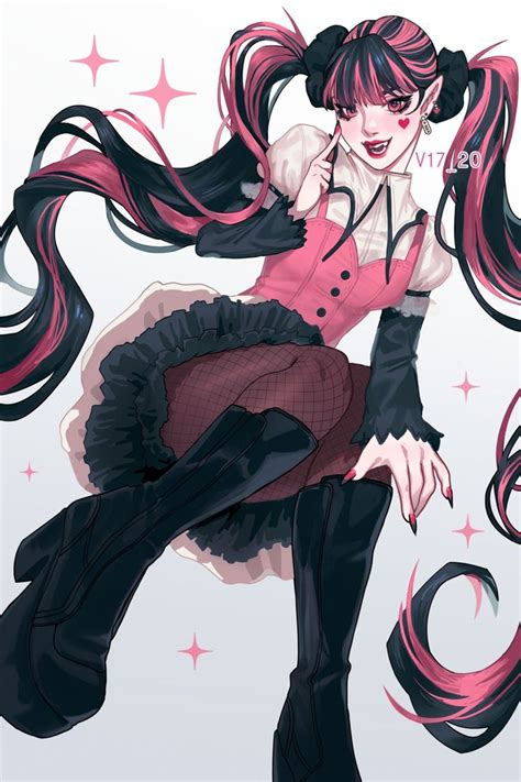 A Drawing Of A Woman With Pink Hair And Black Boots Sitting On Top Of