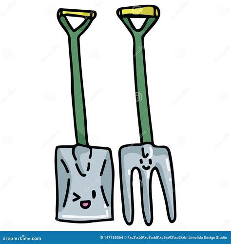 Cute Gardening Tools With Kawaii Face Cartoon Vector Illustration Motif