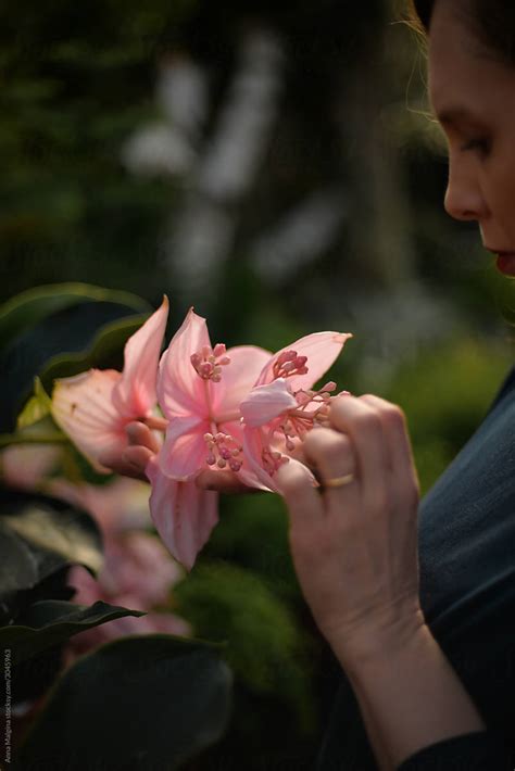 A Woman Looking At The Flowers In A Greenhouse By Stocksy Contributor