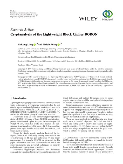 pdf cryptanalysis of the lightweight block cipher boron