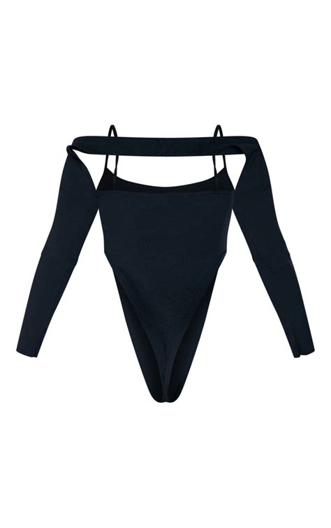 Shape Black Rib Overlay Sleeve Strappy Bodysuit Prettylittlething
