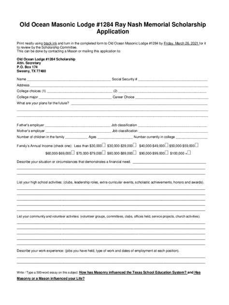 Fillable Online Old Ocean Masonic Lodge Scholarship Application Fax