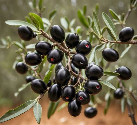 AI Generated Olive Tree Branch With Ripe Black Olives On Blurred