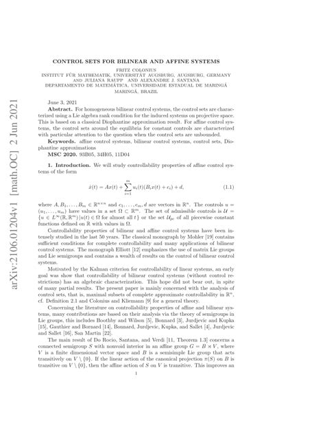 pdf control sets for bilinear and affine systems