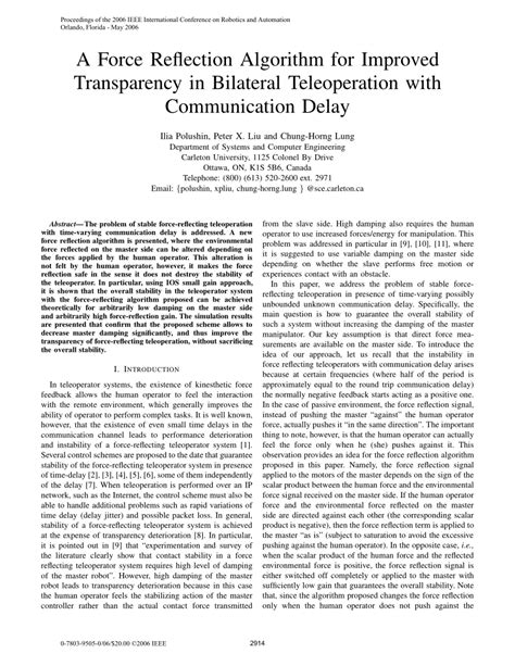 pdf a force reflection algorithm for improved transparency in bilateral teleoperation with