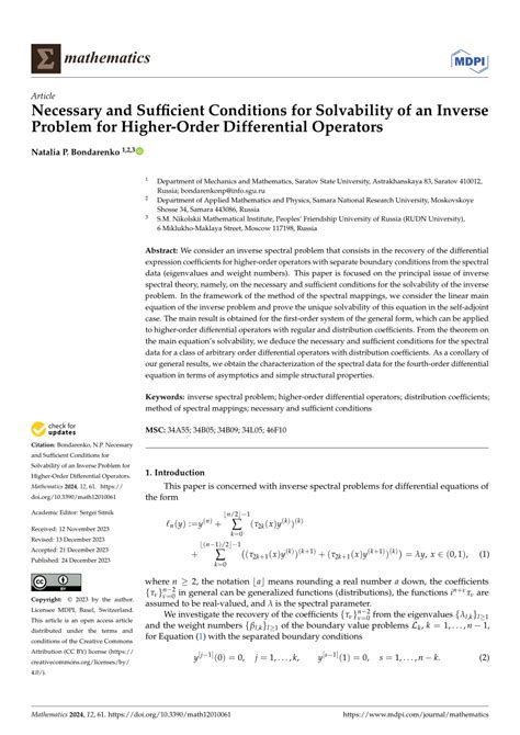 pdf necessary and sufficient conditions for solvability of an inverse problem for higher order