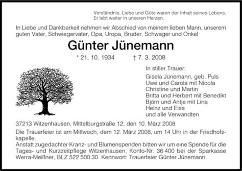 Traueranzeigen von Günter Jünemann Trauer HNA de