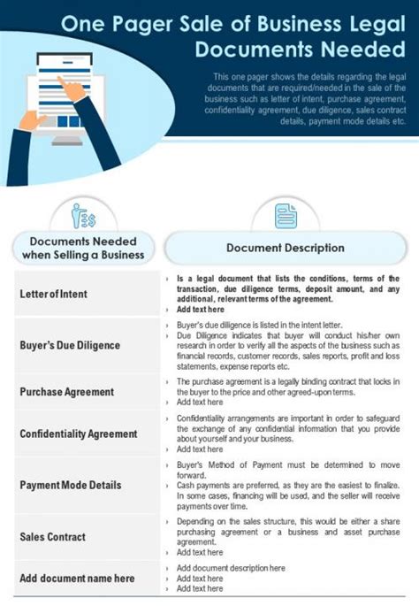 One Pager Sale Of Business Legal Documents Needed Presentation Report