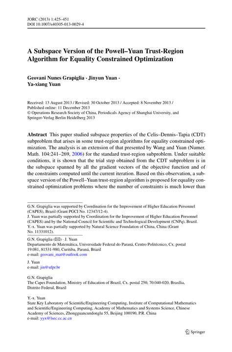 pdf a subspace version of the powell yuan trust region algorithm for equality constrained