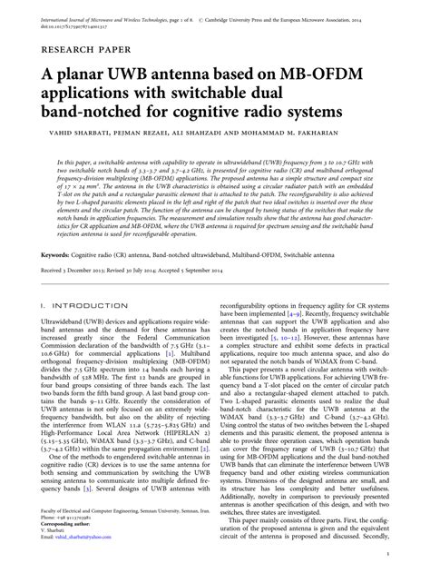 pdf a planar uwb antenna based on mb ofdm applications with switchable dual band notched for