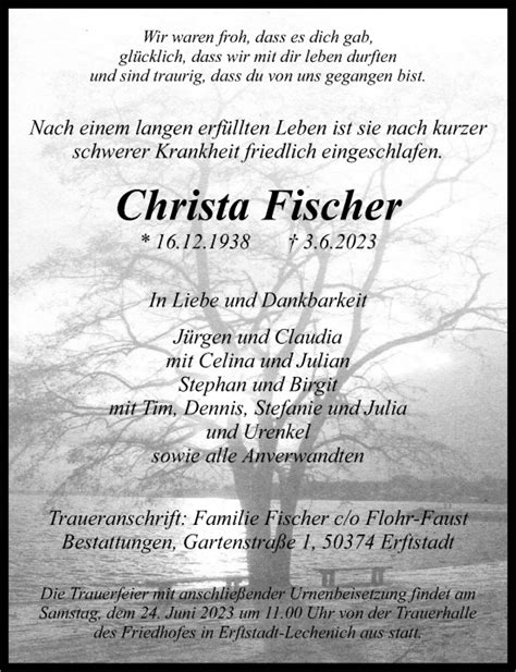 Traueranzeigen Von Christa Fischer WirTrauern