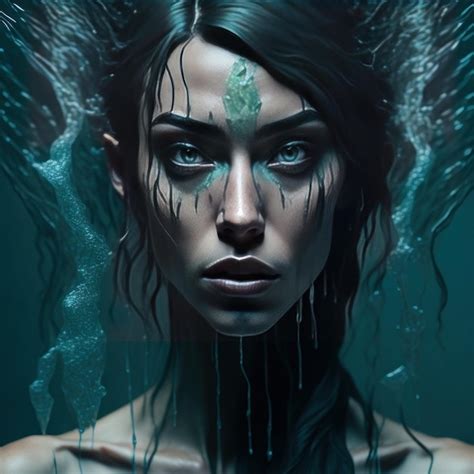 Una mujer con ojos azules y un fondo azul con la palabra en él Foto