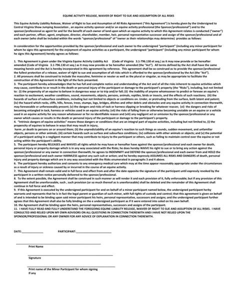 Equine Activgity Liability Release Waiver Of Right To Sue And