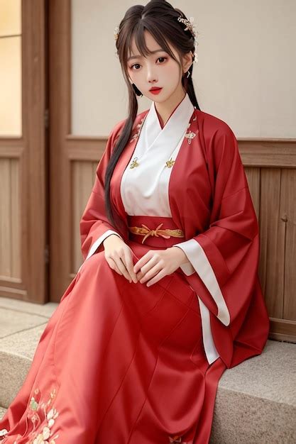 Premium AI Image A Woman In A Red Hanfu Costume