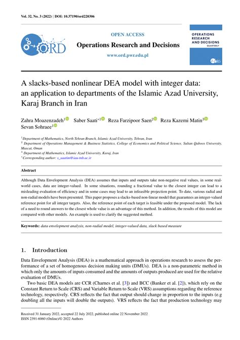 pdf a slacks based nonlinear dea model with integer data an application to departments of