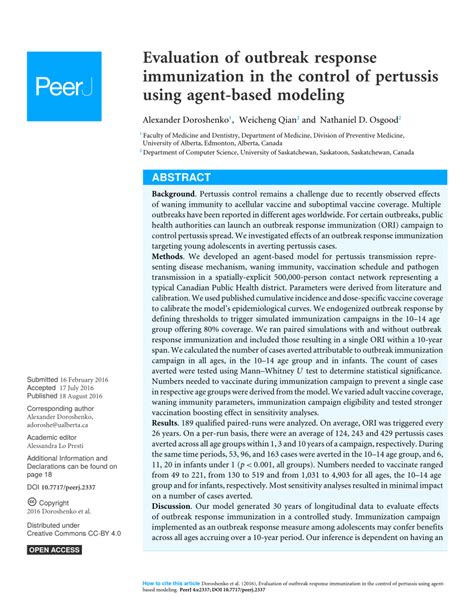 pdf evaluation of outbreak response immunization in the control of pertussis using agent based