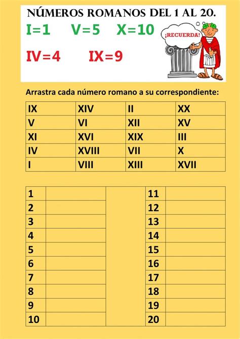 Números romanos del 1 al 20 worksheet Números romanos Numeros