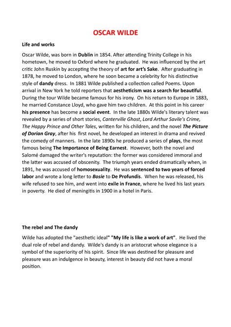 Oscar Wilde Riassunto OSCAR WILDE Life And Works Oscar Wilde Was