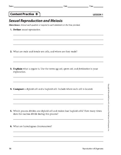 Content Practice B Worksheet 14 Reproduction Of Organisms Copyright