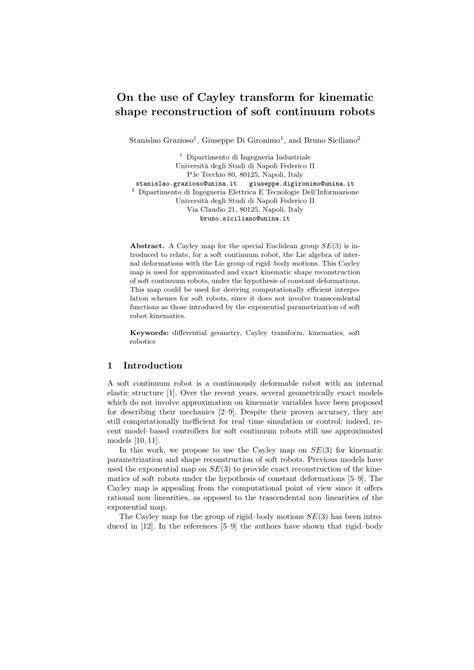 pdf on the use of cayley transform for kinematic shape reconstruction of soft continuum robots