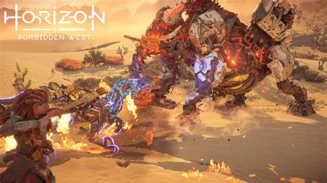 Aloy And Fire Clawstrider Vs Tremortusk Rematch Horizon Forbidden