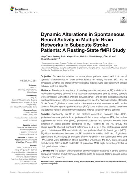 pdf dynamic alterations in spontaneous neural activity in multiple brain networks in subacute