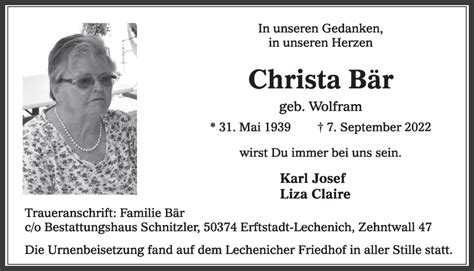 Traueranzeigen von Christa Bär WirTrauern