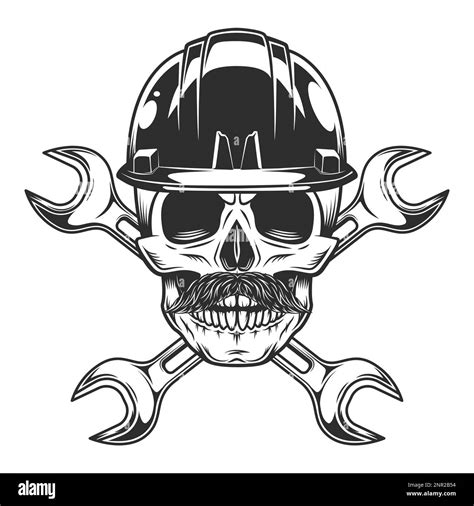 Skull With Mustache In Helmet Hard Hat And Construction Builder