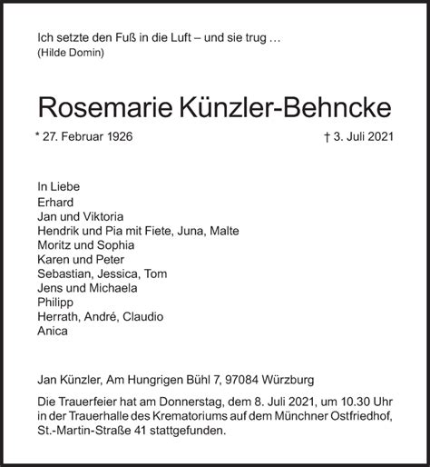 Traueranzeigen von Rosemarie Künzler Behncke SZ Gedenken de