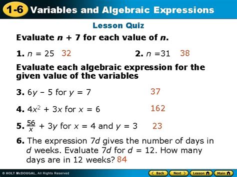 1 6 variables and algebraic expressions lesson quizzes