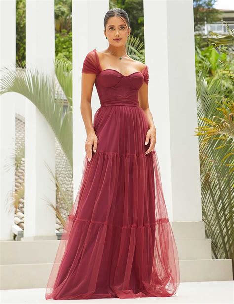 Vestido Longo Marsala Ombro A Ombro Em Tule In 2024 Affordable