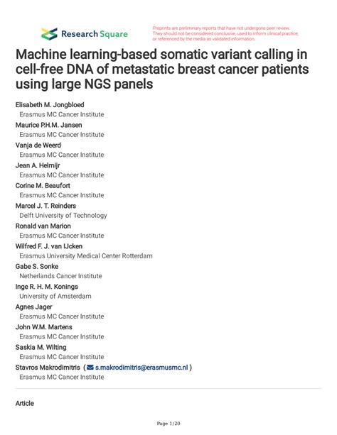 pdf machine learning based somatic variant calling in cell free dna of metastatic breast