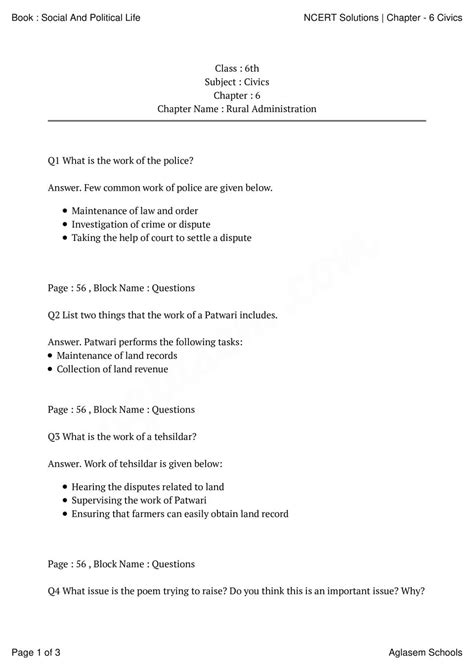 Ncert Solutions For Class Civics Chapter Rural Administration Pdf