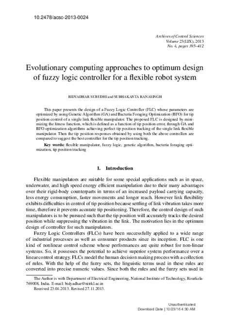 pdf evolutionary computing approaches to optimum design of fuzzy logic controller for a
