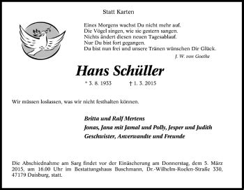 Traueranzeigen Von Hans Sch Ller Trauer In Nrw De