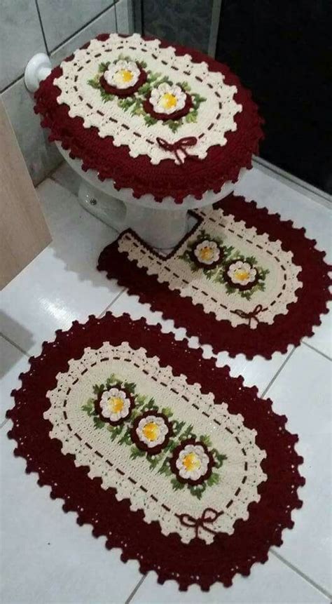Jogo De Banheiro Em Croche Barbante 3 Peças Vinho R 165 90 em