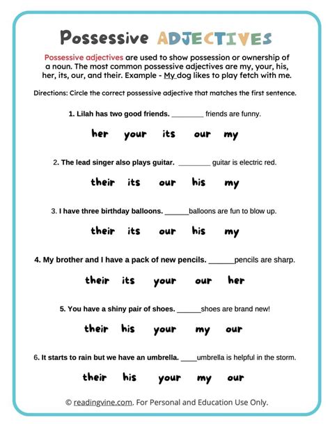 Possessive Adjectives Worksheet Th Grade
