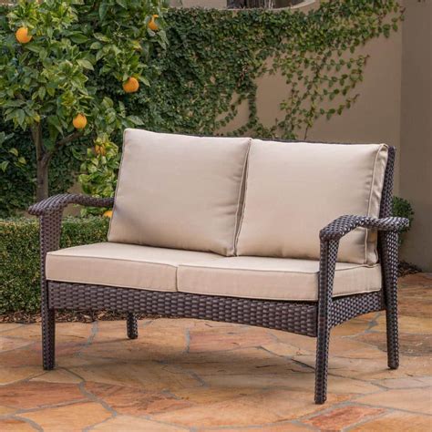 Noble House Honolulu Brown Wicker Outdoor Patio Loveseat With Tan