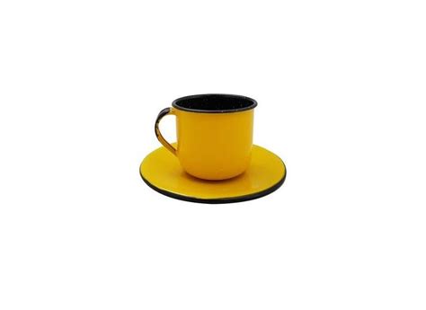 Caneca Esmaltada Xícara Pires Para Chá Café 180ml Amarelo em