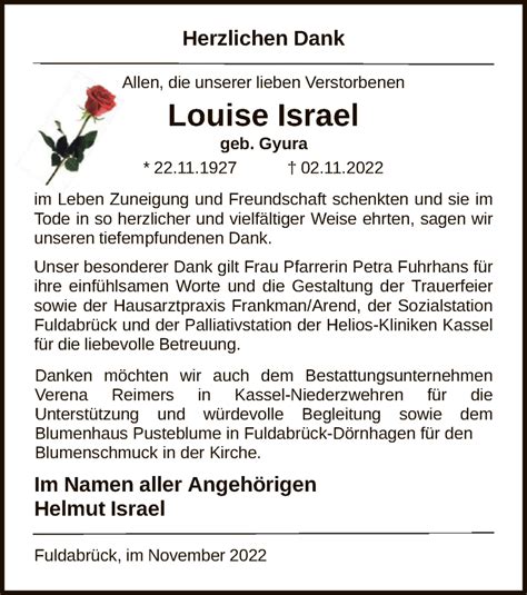 Traueranzeigen Von Louise Israel Trauer HNA De
