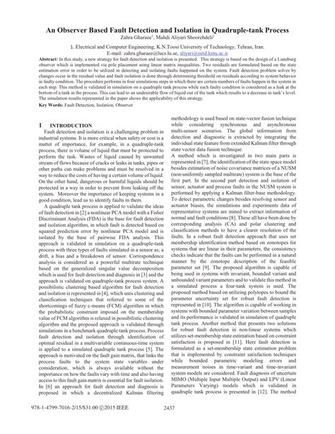 pdf an observer based fault detection and isolation in quadruple tank process