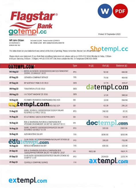 Flagstar Bank Organization Account Statement Word And PDF Template