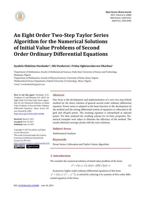 pdf an eight order two step taylor series algorithm for the numerical solutions of initial