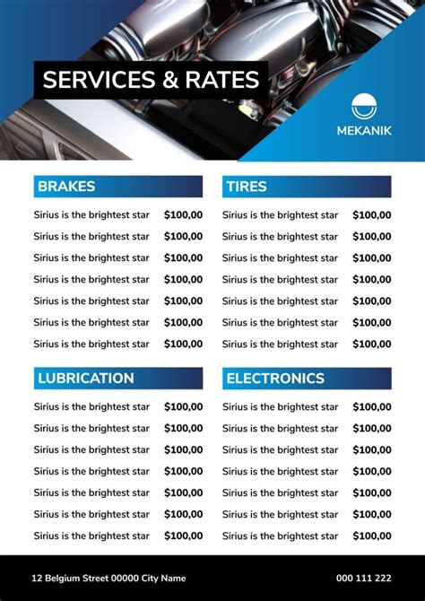 Free Professional Servicar Mechanic Price List Template