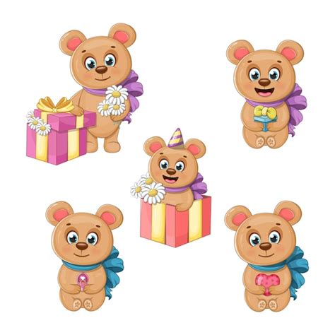 Colección de osos lindos y divertidos con regalos globos y corazones
