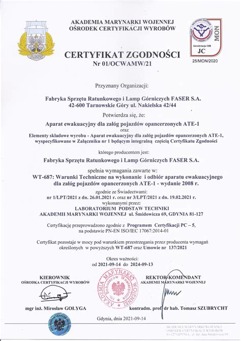 Certyfikaty Fabryka Sprzętu Ratunkowego i Lamp Górniczych FASER S A